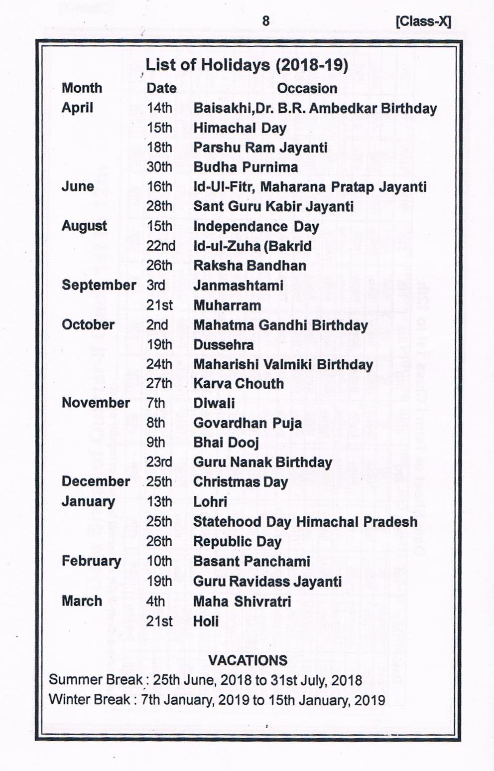 List of Holidays (2018-2019) – LOTUS INTERNATIONAL CONVENT SCHOOL